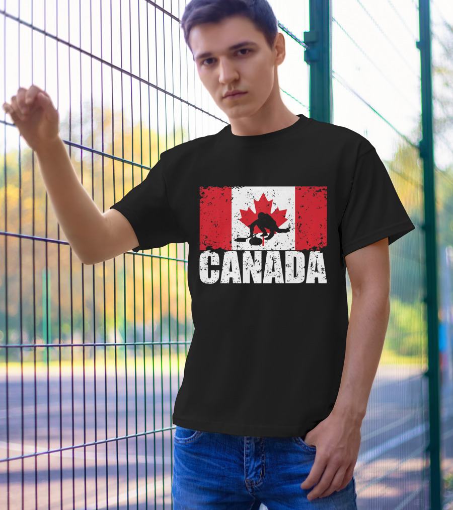 Canadian Flag Curling Silhouette Against Distressed Flag Design With Bold Canada Lettering T-Shirt