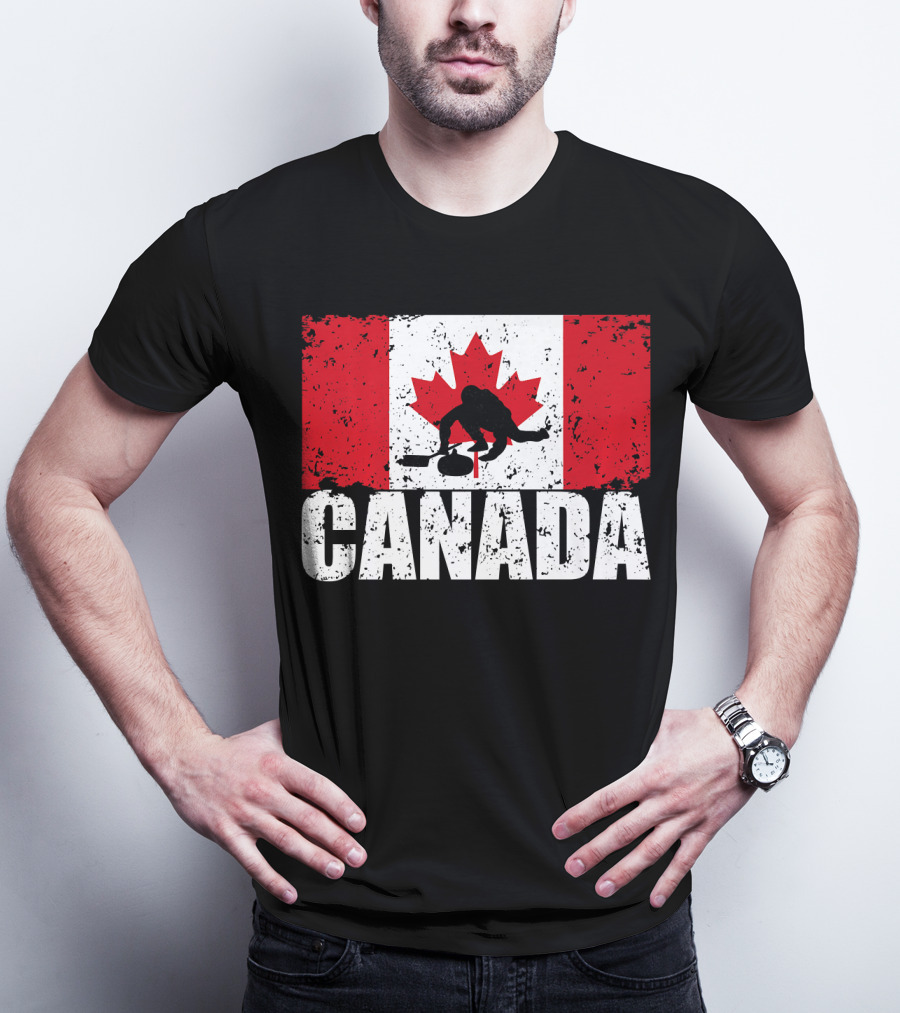 Canadian Flag Curling Silhouette Against Distressed Flag Design With Bold Canada Lettering T-Shirt