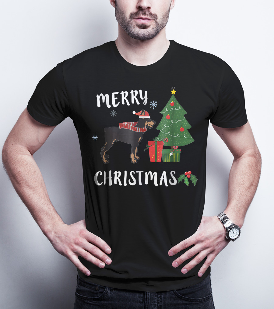 Merry Christmas Doberman With Santa Hat And Christmas Tree T-Shirt