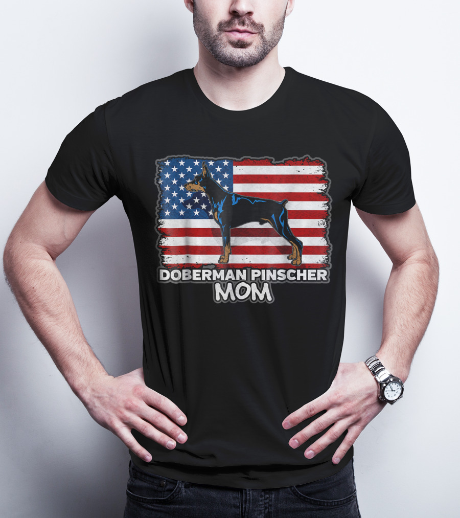 Doberman Pinscher Mom American Flag Background T-Shirt