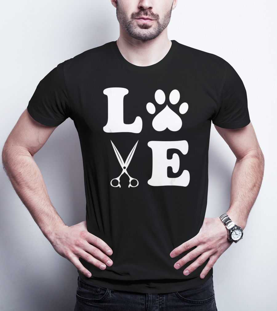 LOVE Dog Grooming With Scissors And Paw Prints T-Shirt