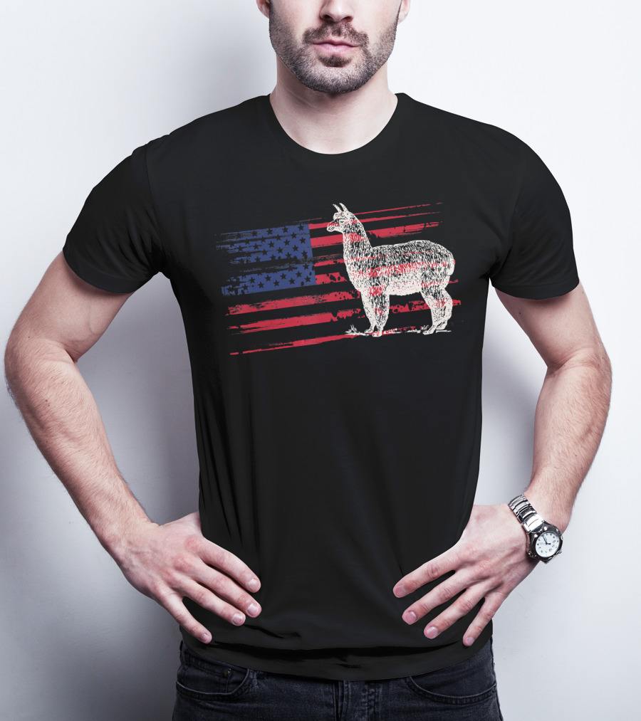 Alpaca Vicuna With US American Flag In Rustic T-Shirt