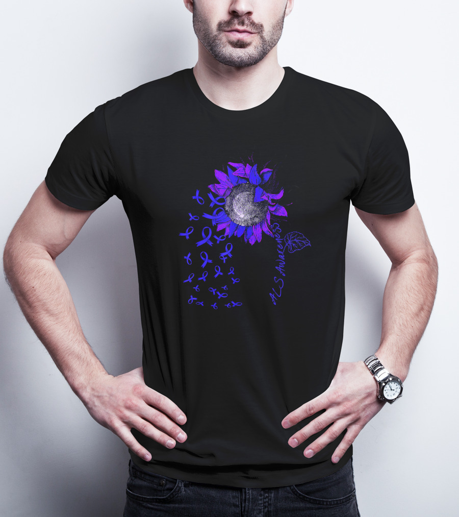 ALS Awareness Blue Sunflower With Ribbons T-Shirt