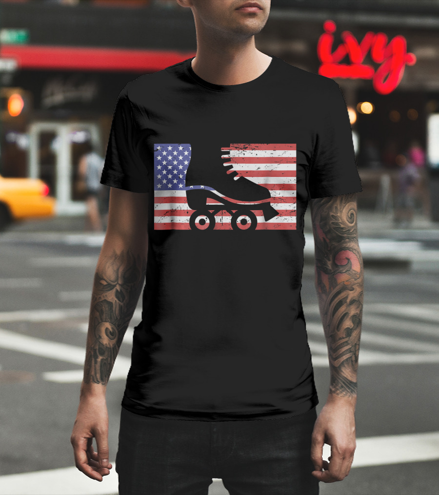 American Flag With Roller Skate T-Shirt