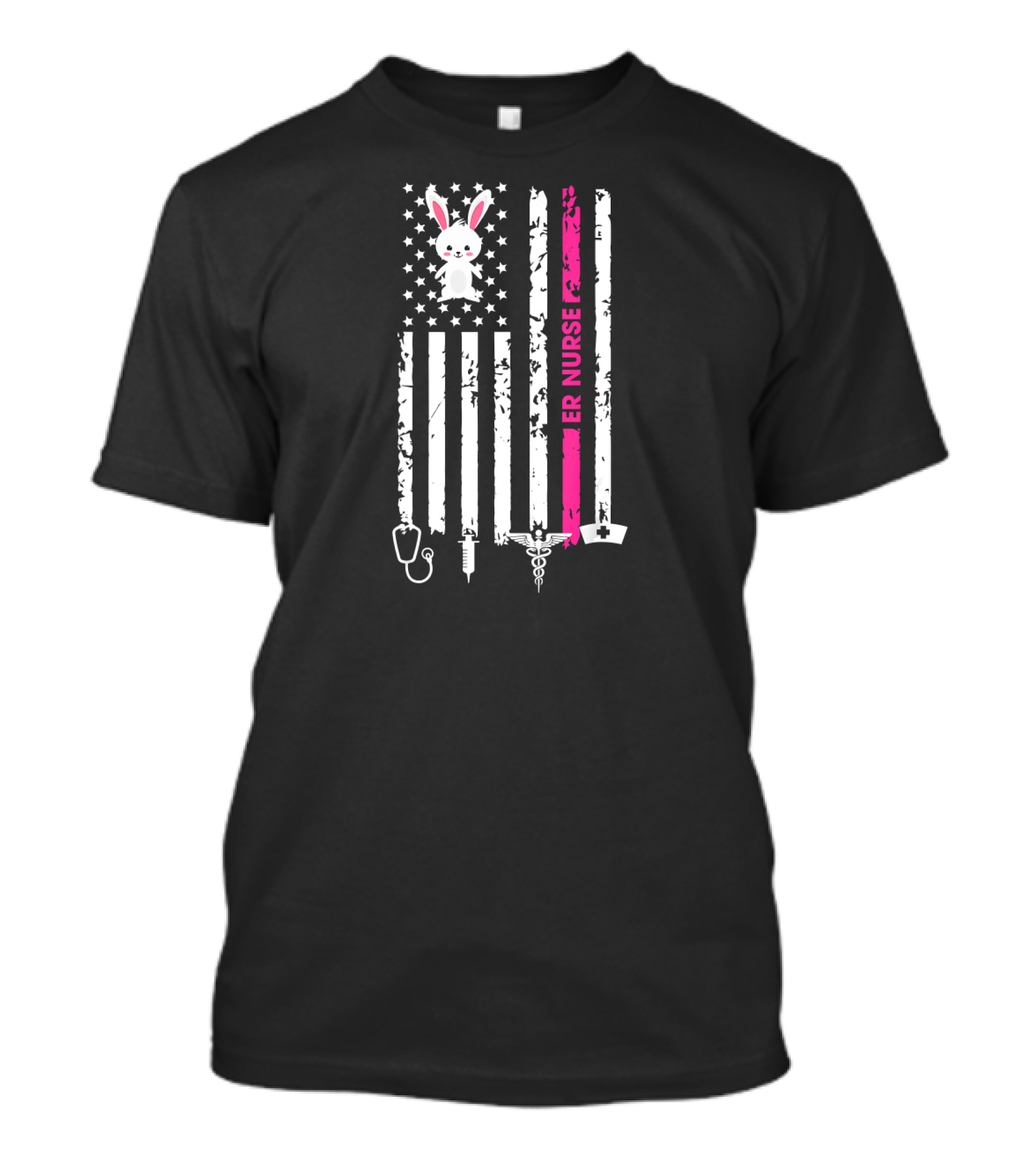 American Flag Bunny ER Nurse Easter Graphic With Medical Symbols T-Shirt
