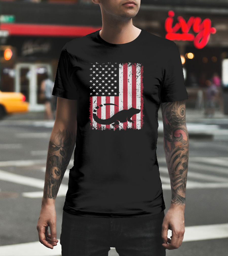 American Flag Iguana Silhouette On Distressed Stars And Stripes Background T-Shirt