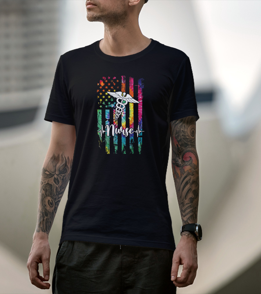 American Flag Tie Dye Nurse Caduceus Heartbeat T-Shirt