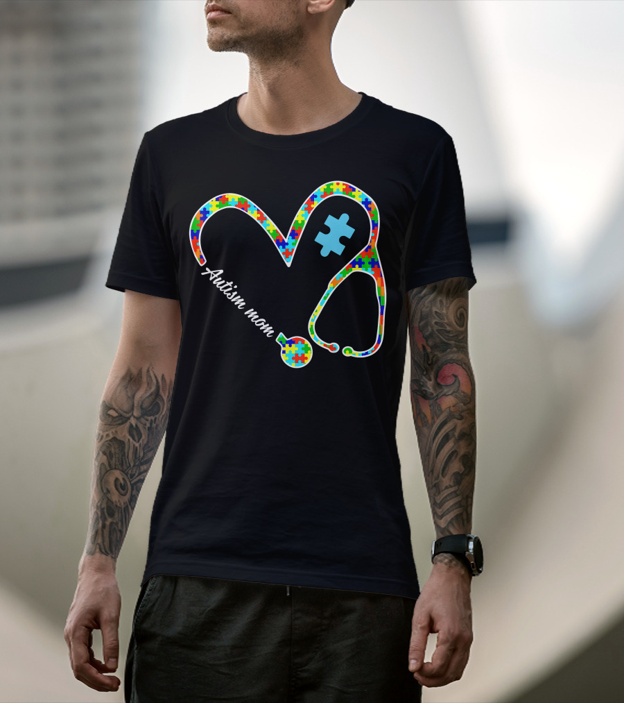 Autism Mom Puzzle Heart Stethoscope Nurse T-Shirt