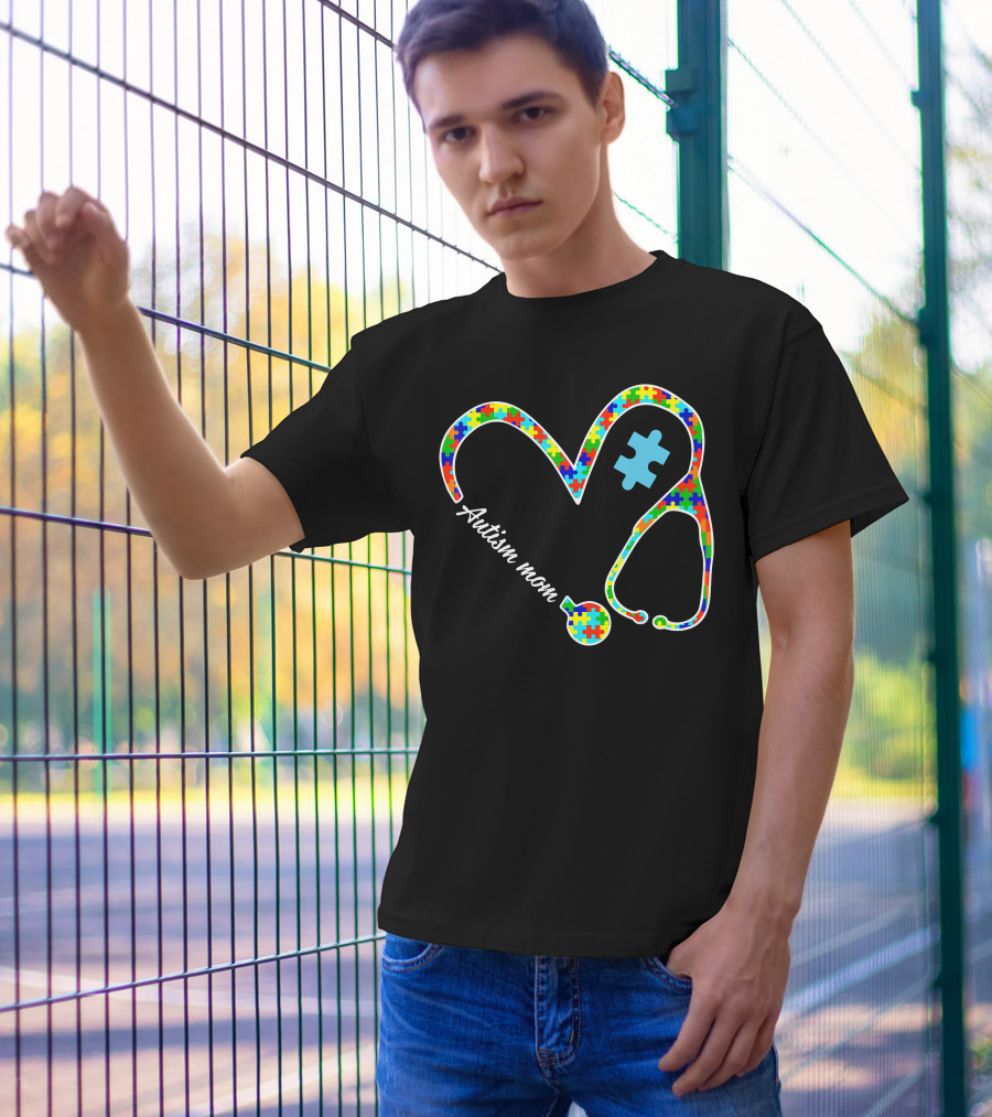 Autism Mom Puzzle Heart Stethoscope Nurse T-Shirt