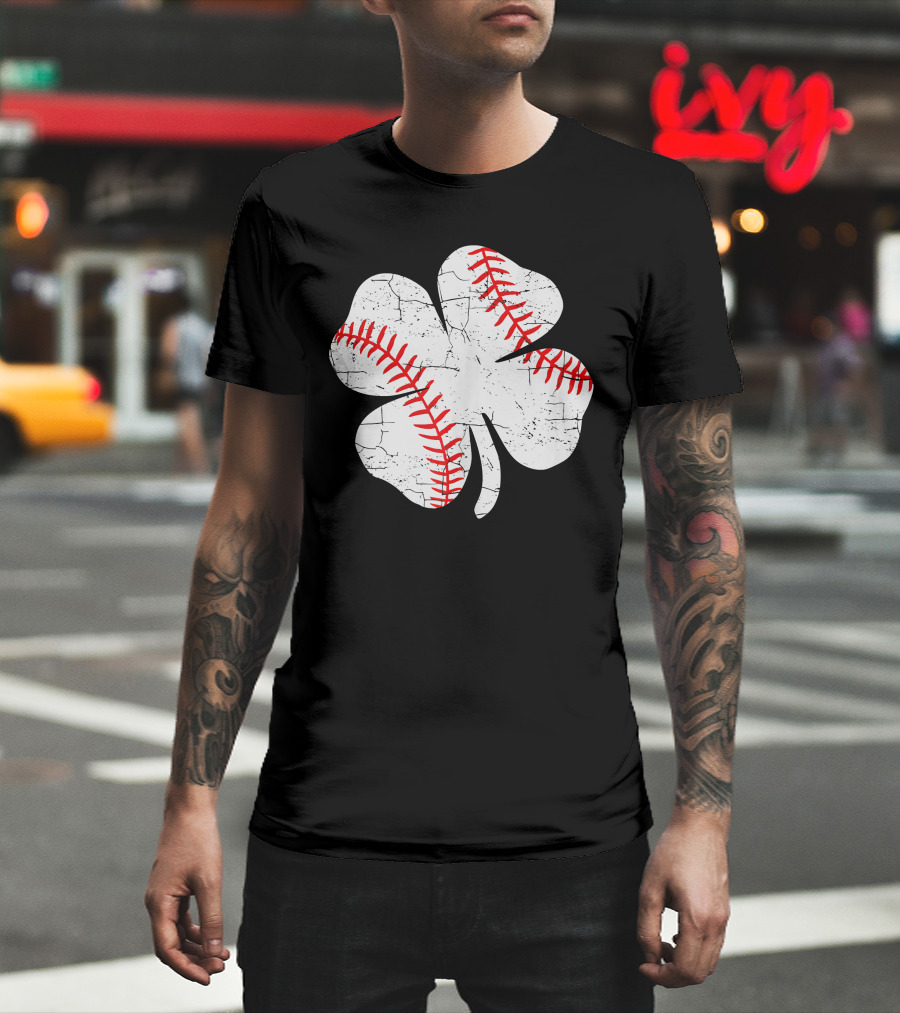 Baseball Patricks Day Boys Me Shamrock Stitch T-Shirt