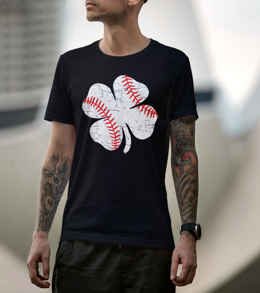 Baseball Patricks Day Boys Me Shamrock Stitch T-Shirt