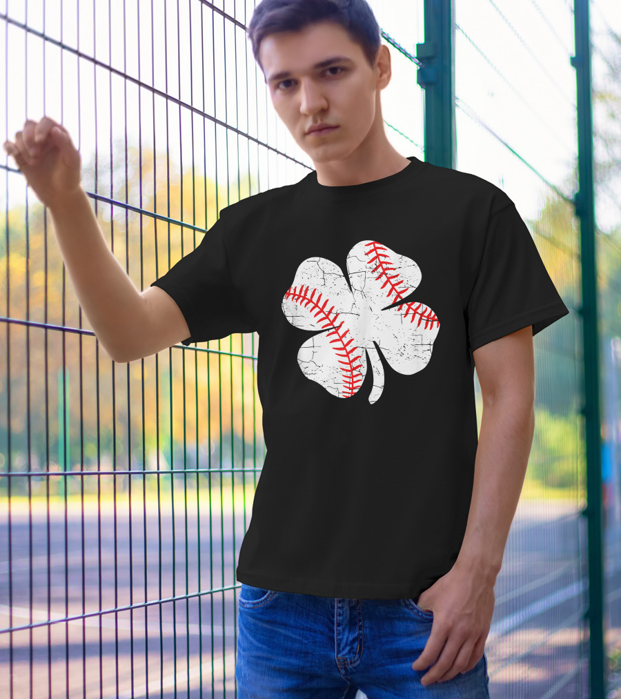 Baseball Patricks Day Boys Me Shamrock Stitch T-Shirt