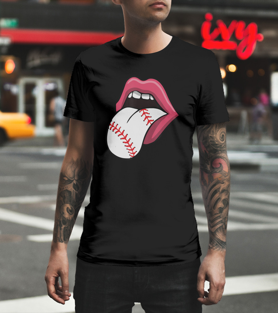 Red Lips Baseball Tongue Kiss T-Shirt