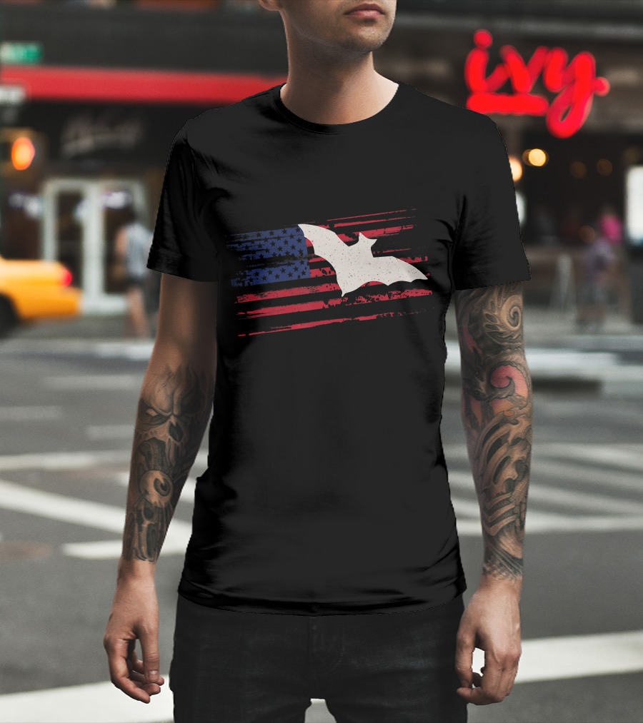 Bat Silhouette US American Flag Stripes And Stars T-Shirt