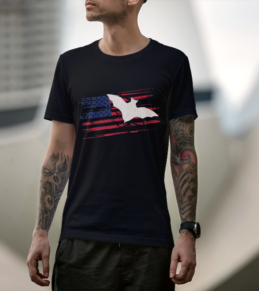 Bat Silhouette US American Flag Stripes And Stars T-Shirt