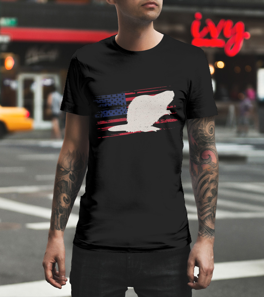 Beaver Silhouette Over Distressed US American Flag Rodent T-Shirt