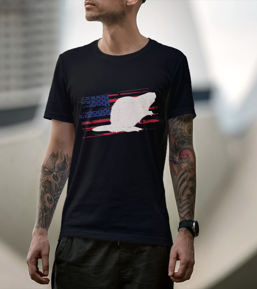 Beaver Silhouette Over Distressed US American Flag Rodent T-Shirt
