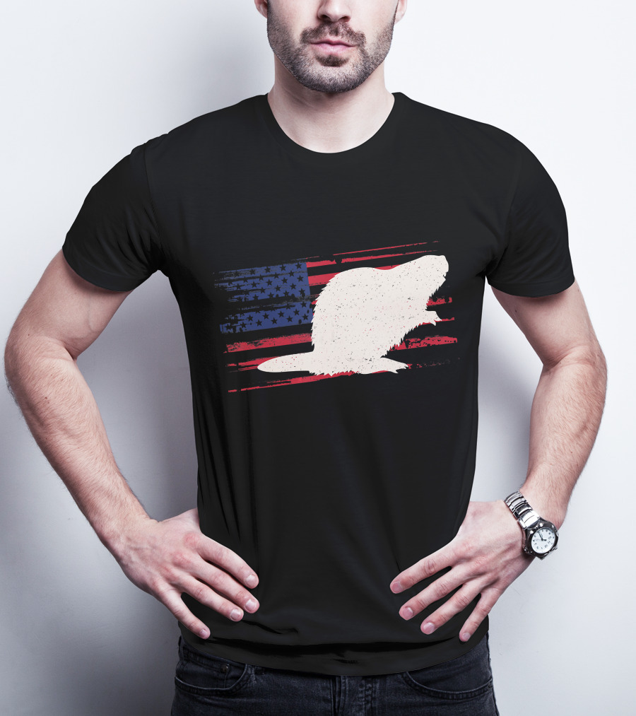 Beaver Silhouette Over Distressed US American Flag Rodent T-Shirt