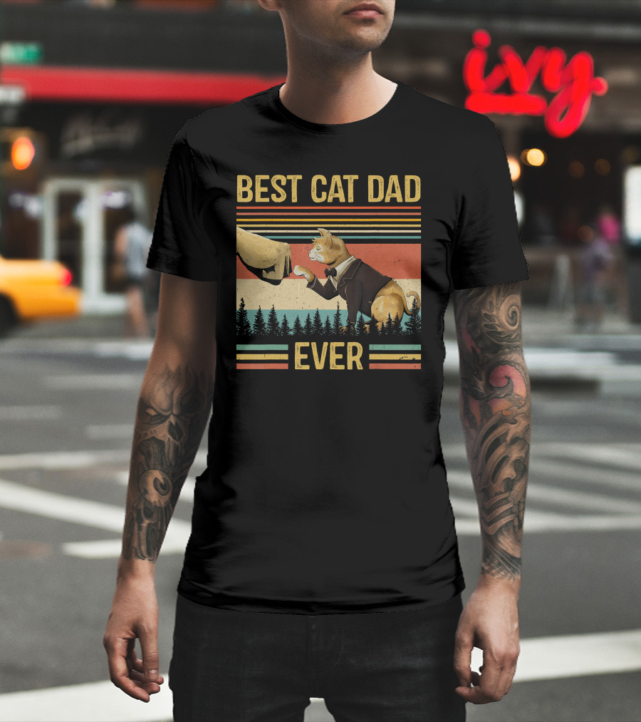 Best Cat Dad Ever Retro Paw Fist Bump Forest Stripes T-Shirt