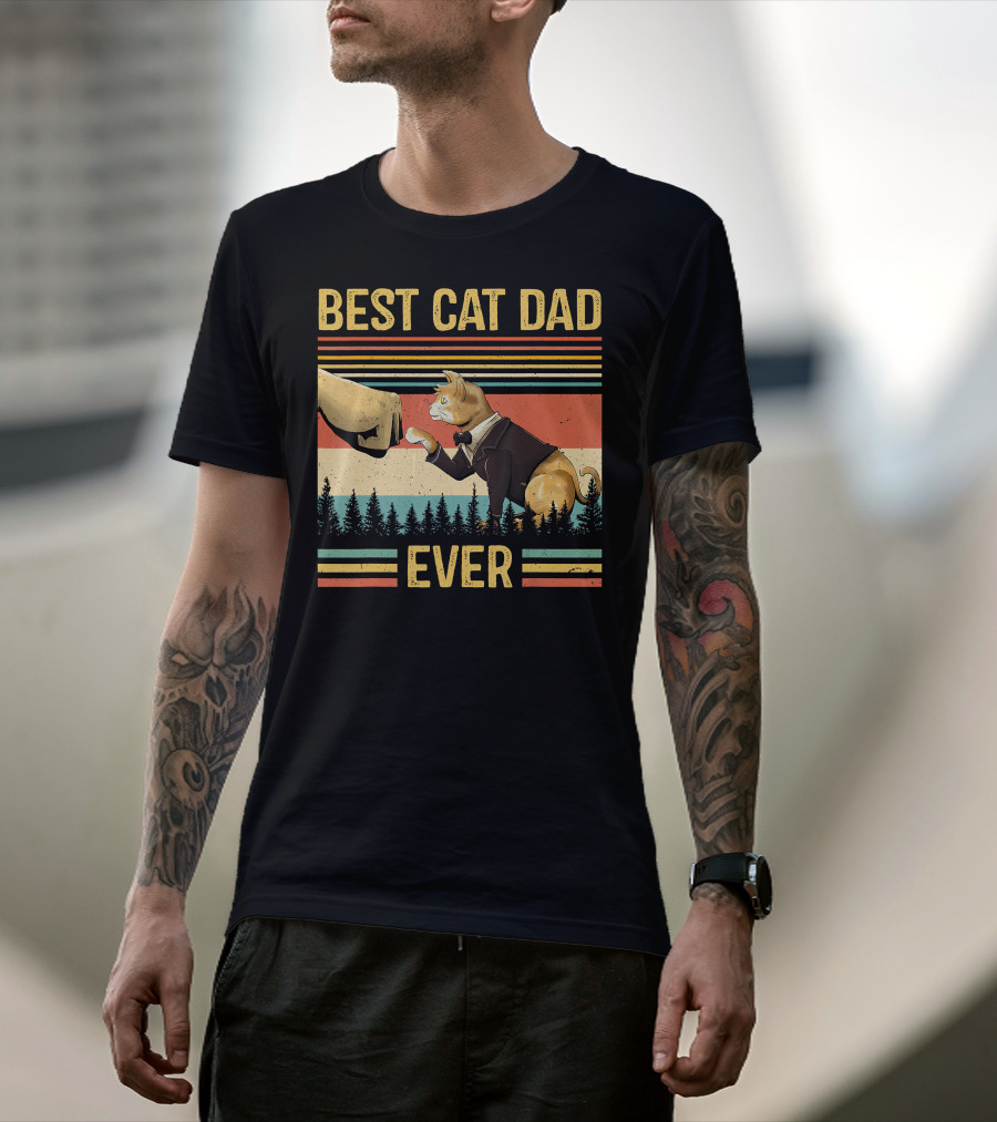 Best Cat Dad Ever Retro Paw Fist Bump Forest Stripes T-Shirt