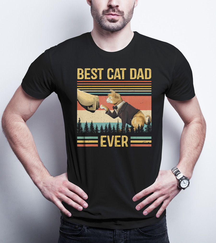 Best Cat Dad Ever Retro Paw Fist Bump Forest Stripes T-Shirt