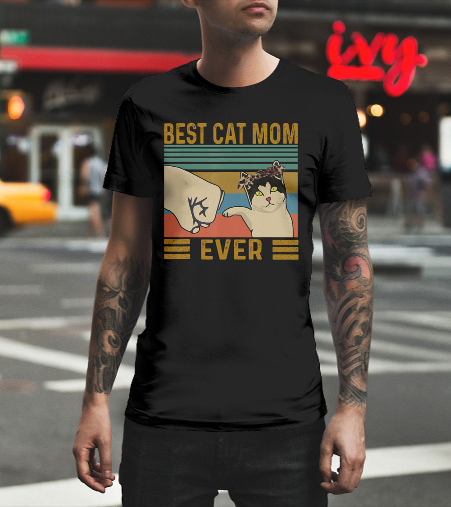 Best Cat Mom Ever Fist Bump Vintage Retro Cat With Headband T-Shirt