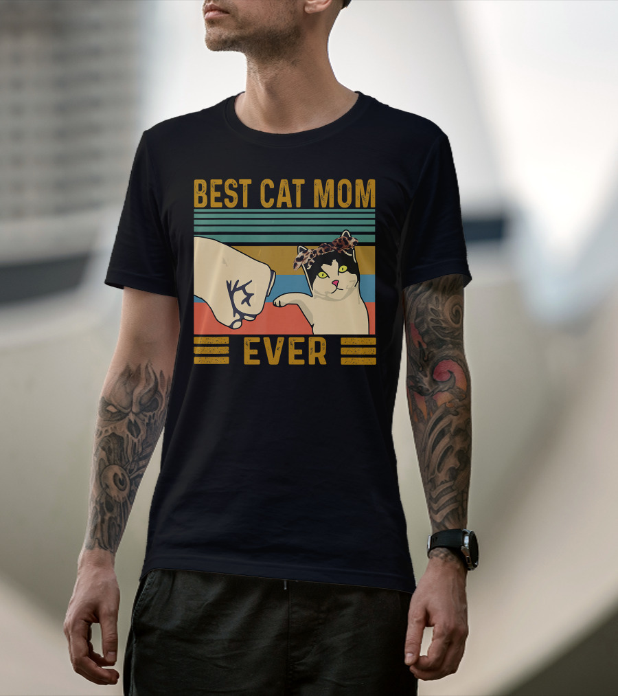 Best Cat Mom Ever Fist Bump Vintage Retro Cat With Headband T-Shirt