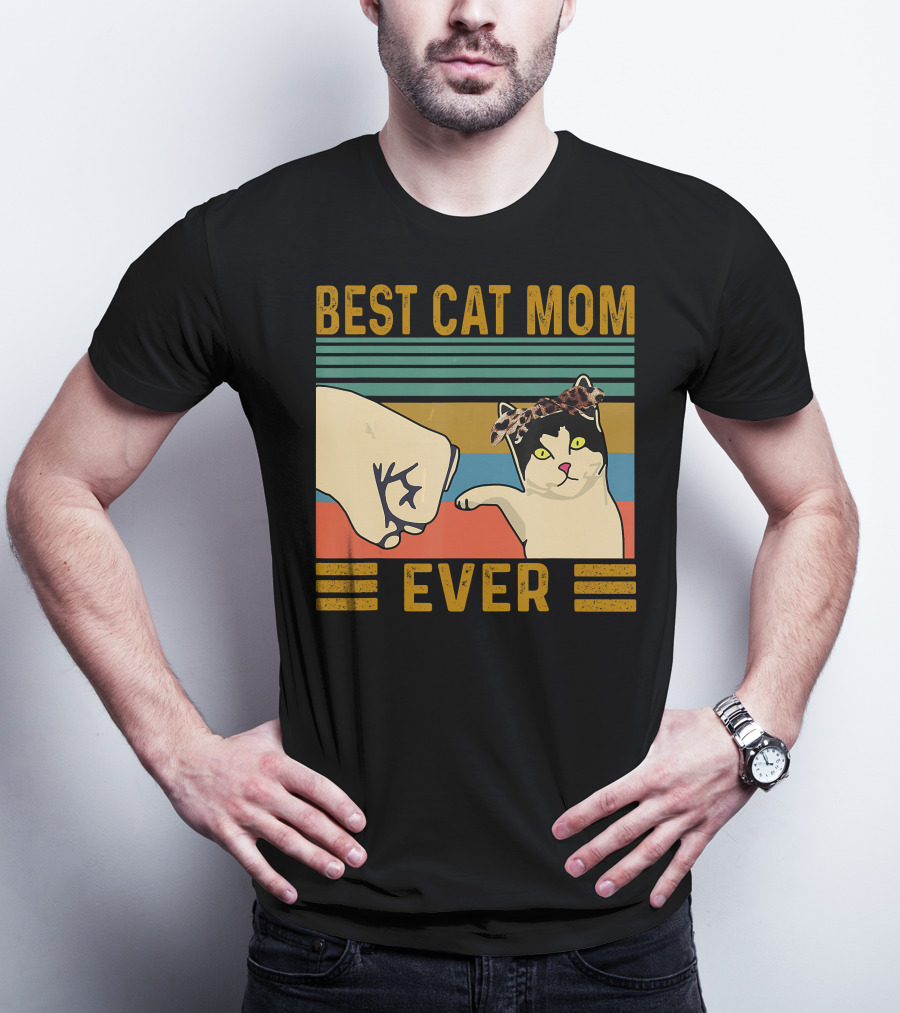 Best Cat Mom Ever Fist Bump Vintage Retro Cat With Headband T-Shirt