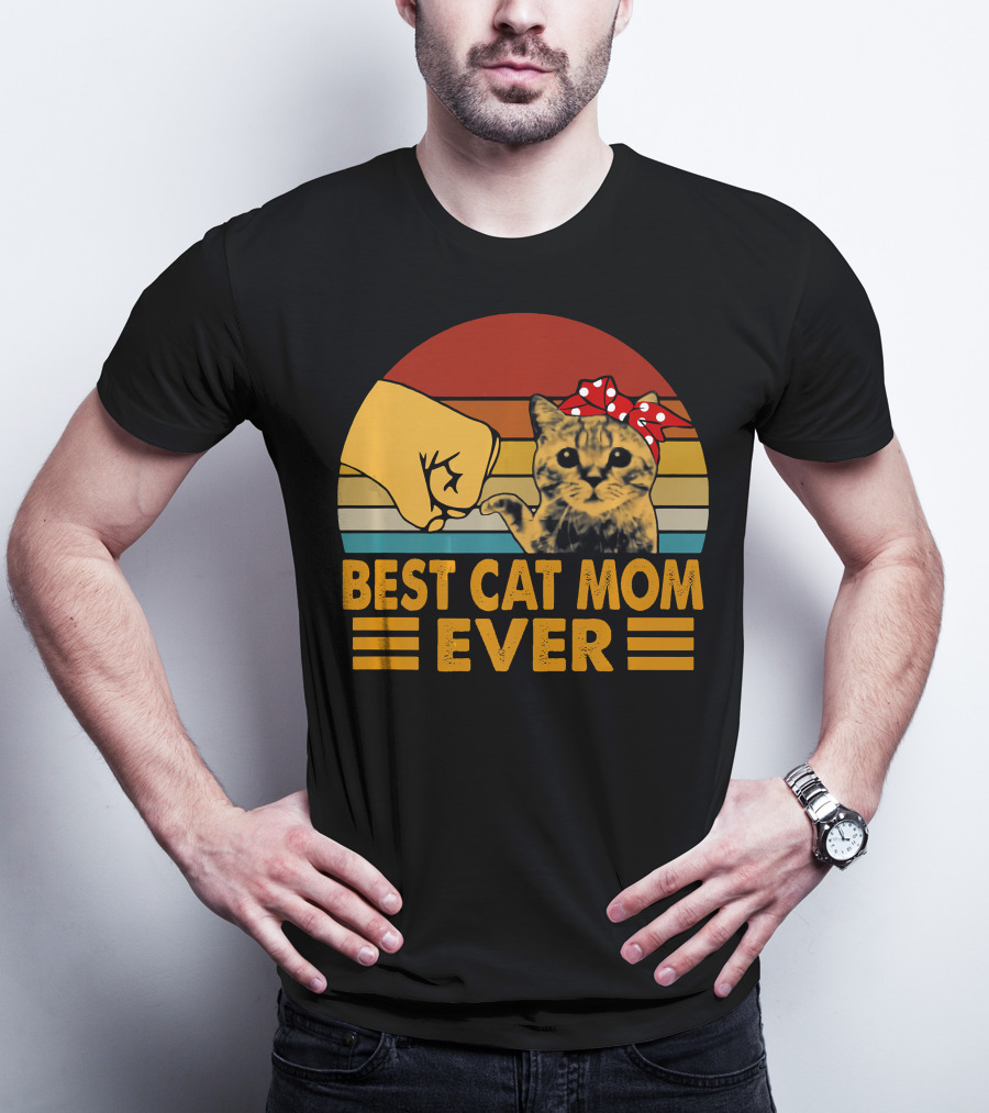 Best Cat Mom Ever Vintage Be Fist Bump Cat With Bow Retro Stripes T-Shirt