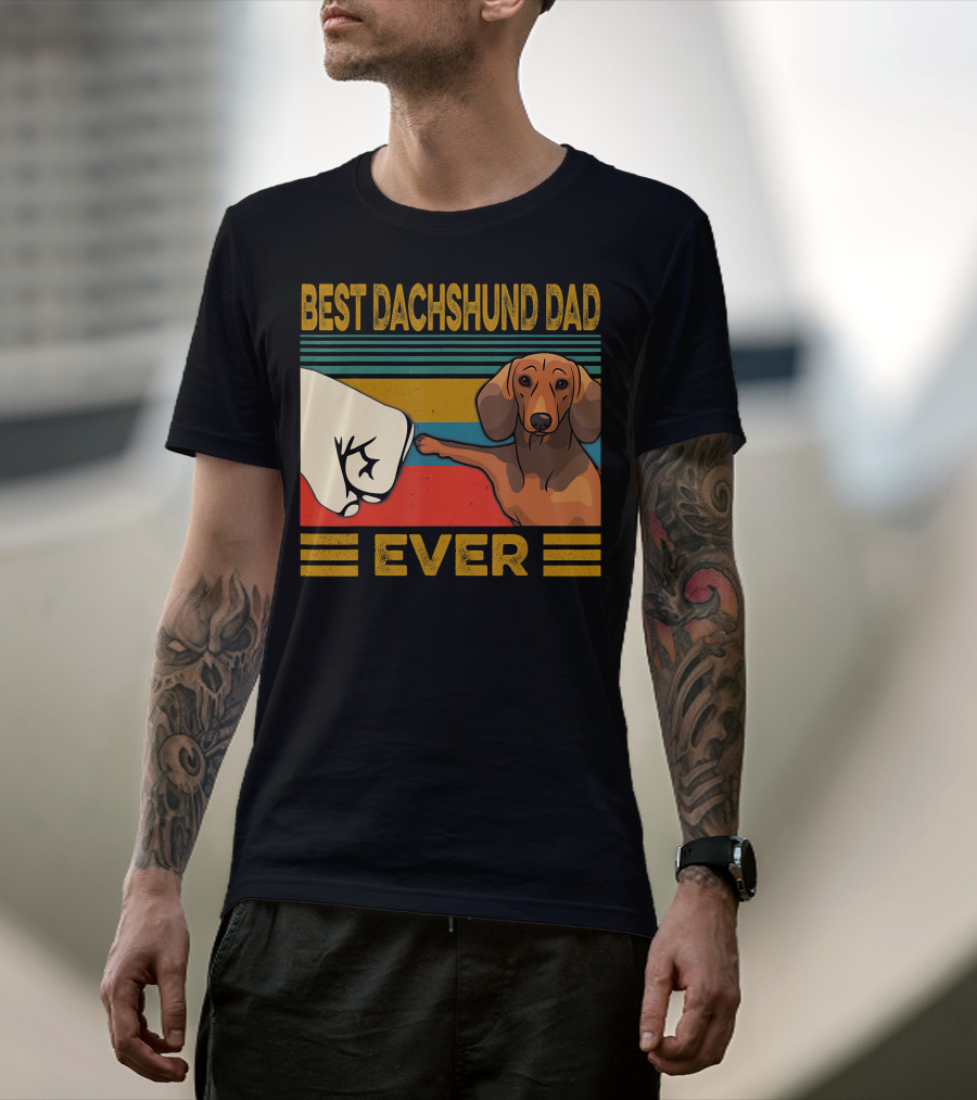 Best Dachshund Dad Ever Fist Bump Retro Stripes T-Shirt