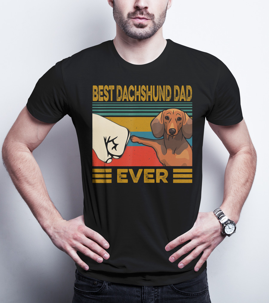 Best Dachshund Dad Ever Fist Bump Retro Stripes T-Shirt