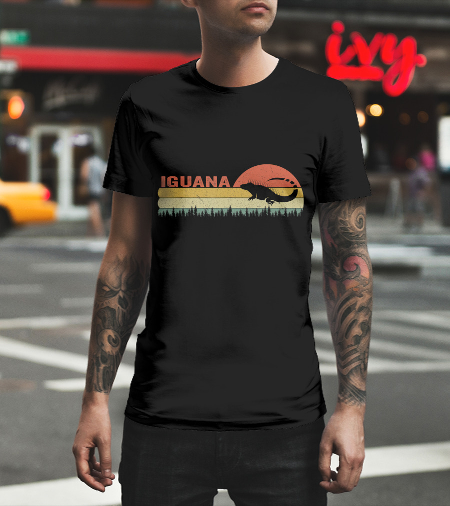 Iguana Silhouette Retro Sunset Forest Stripes T-Shirt