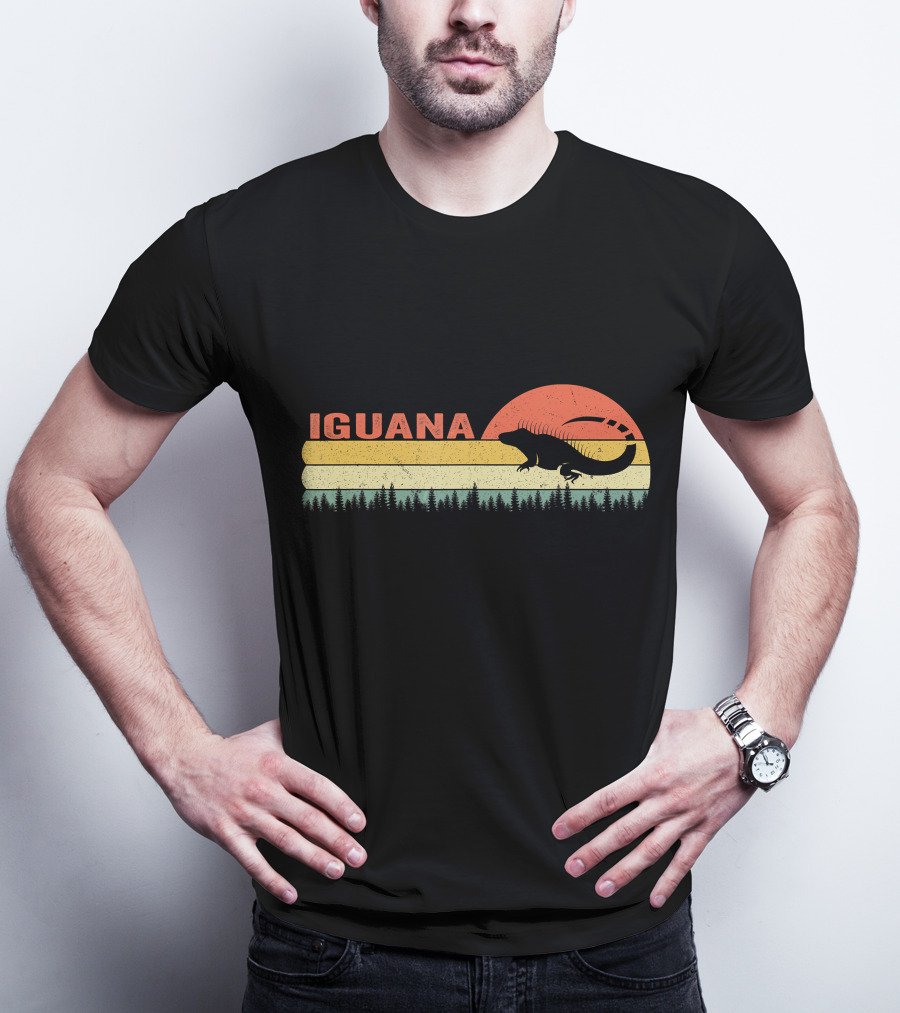 Iguana Silhouette Retro Sunset Forest Stripes T-Shirt