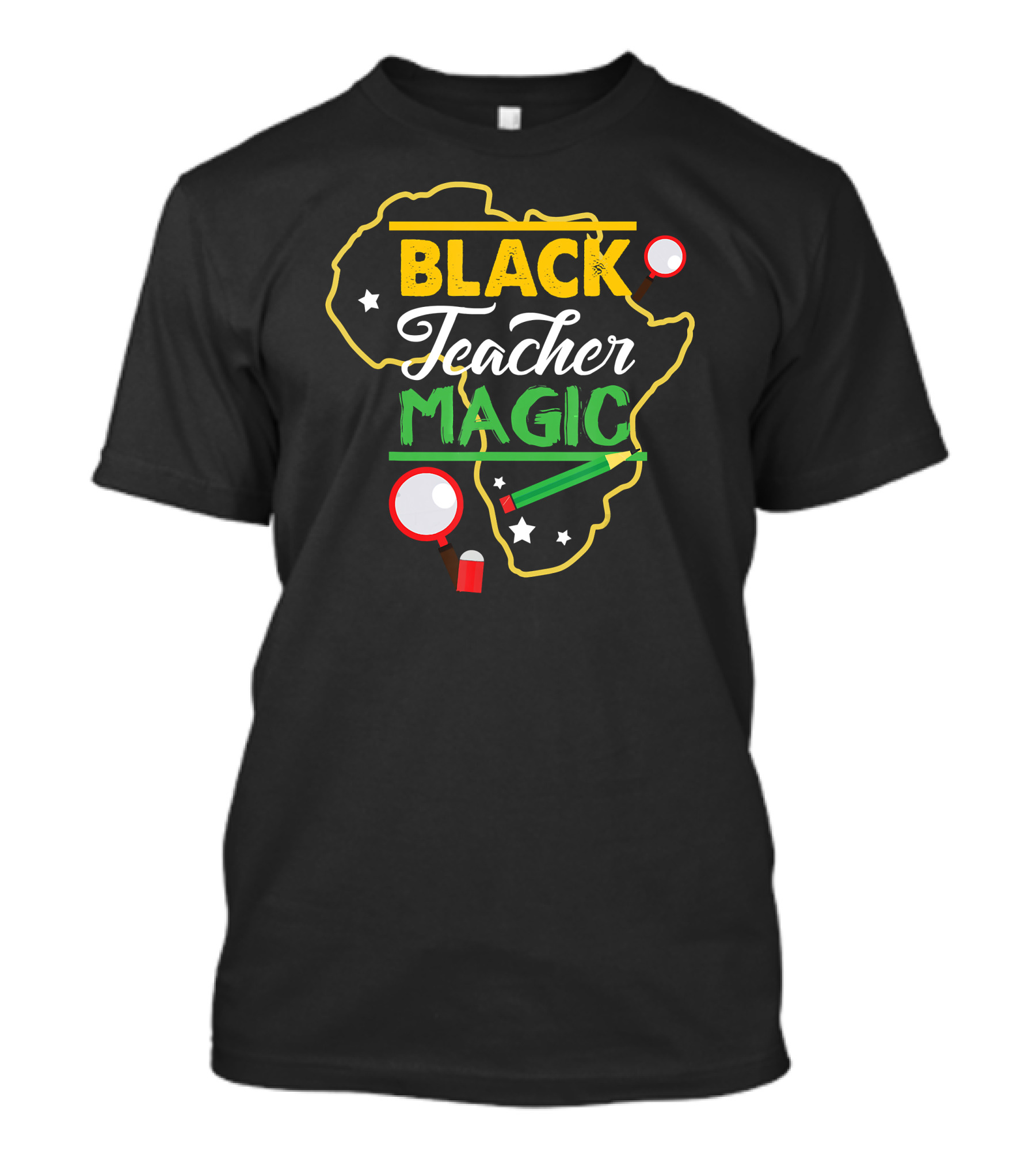Black Teacher Magic Africa Map Magnifying Glass Pencil Eraser T-Shirt