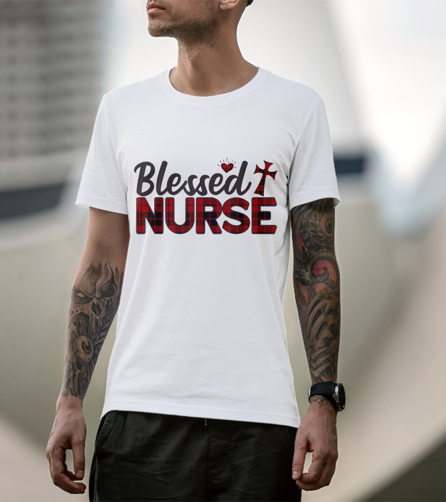 Blessed Nurse Plaid Heart Cross Christian T-Shirt