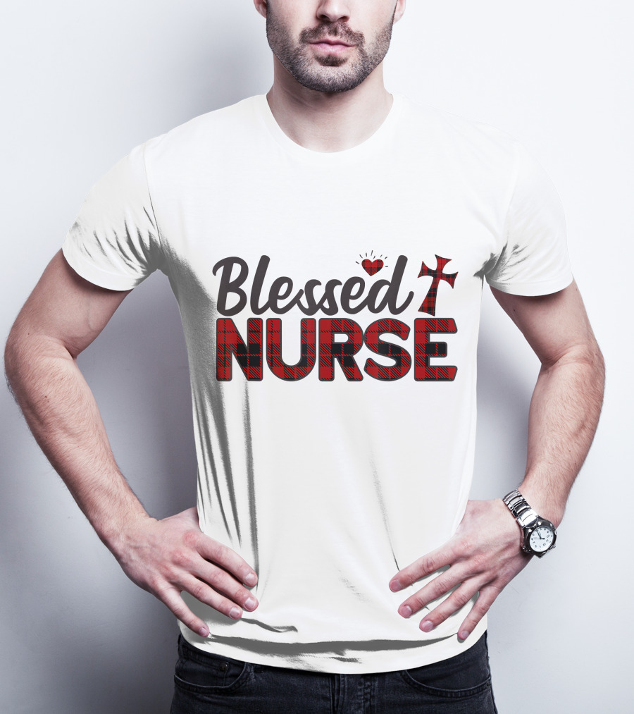 Blessed Nurse Plaid Heart Cross Christian T-Shirt