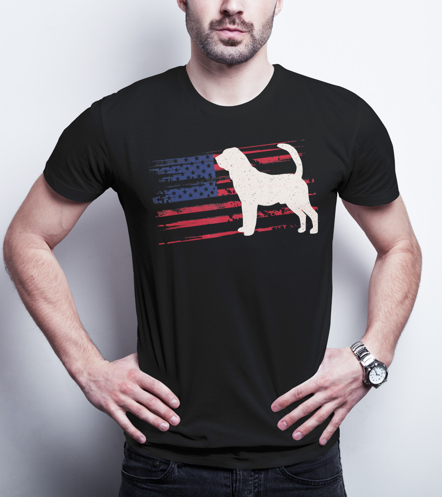 Bloodhound Puppy Silhouette With Distressed American Flag Background T-Shirt