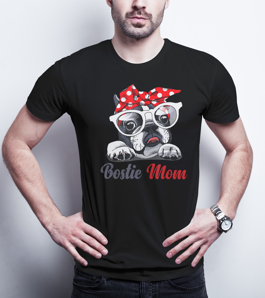Bostie Mom Boston Terrier Dog With Red Polka Dot Bandana And Glasses T-Shirt