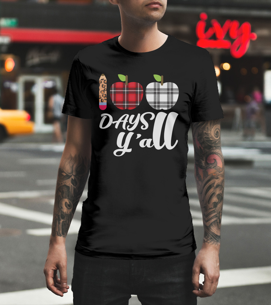 Buffalo Plaid Leopard Pencil 100 Days Y'all Apples T-Shirt