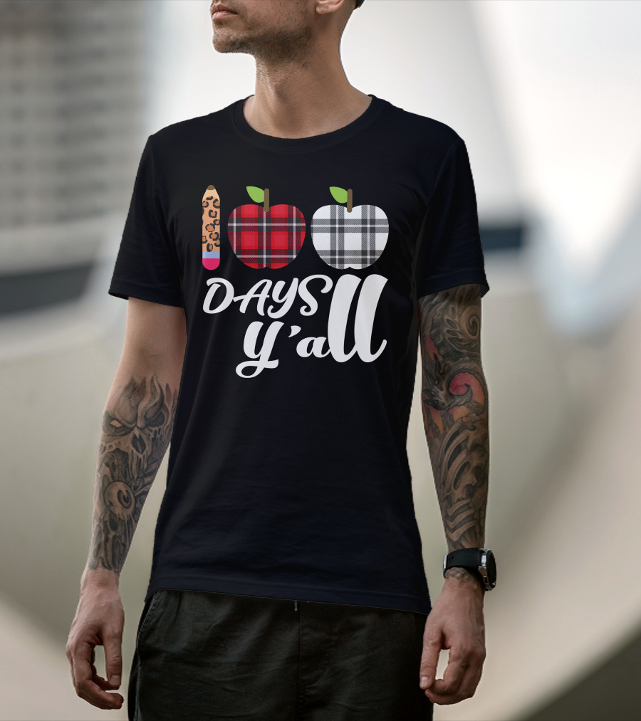 Buffalo Plaid Leopard Pencil 100 Days Y'all Apples T-Shirt