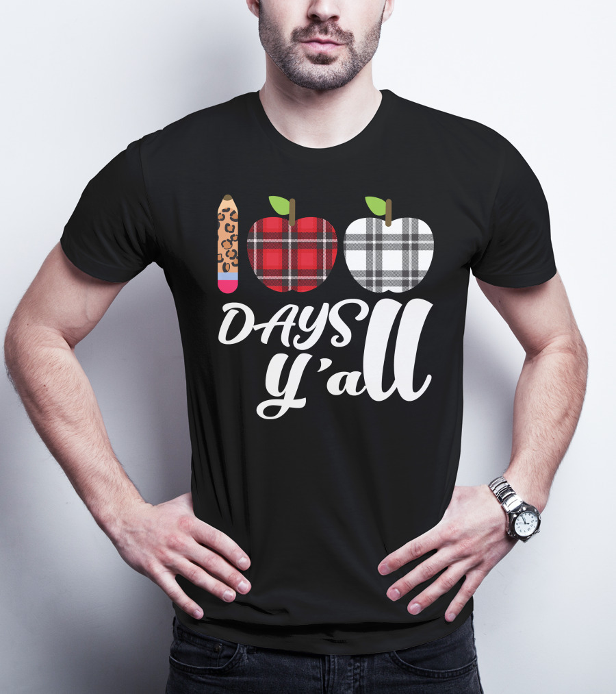 Buffalo Plaid Leopard Pencil 100 Days Y'all Apples T-Shirt