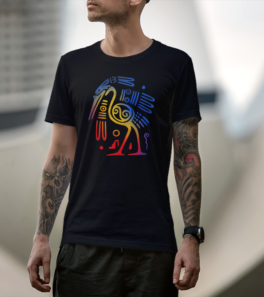 Vintage Aztec Bird Drawing With Temple Arch Elements T-Shirt