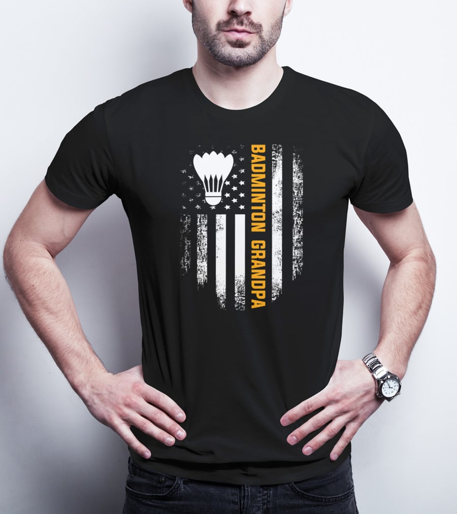 Vintage Badminton Grandpa American Flag T-Shirt