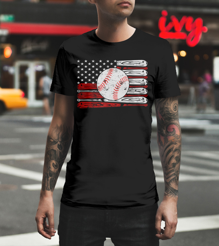 American Flag Vintage Baseball Bat Sports T-Shirt