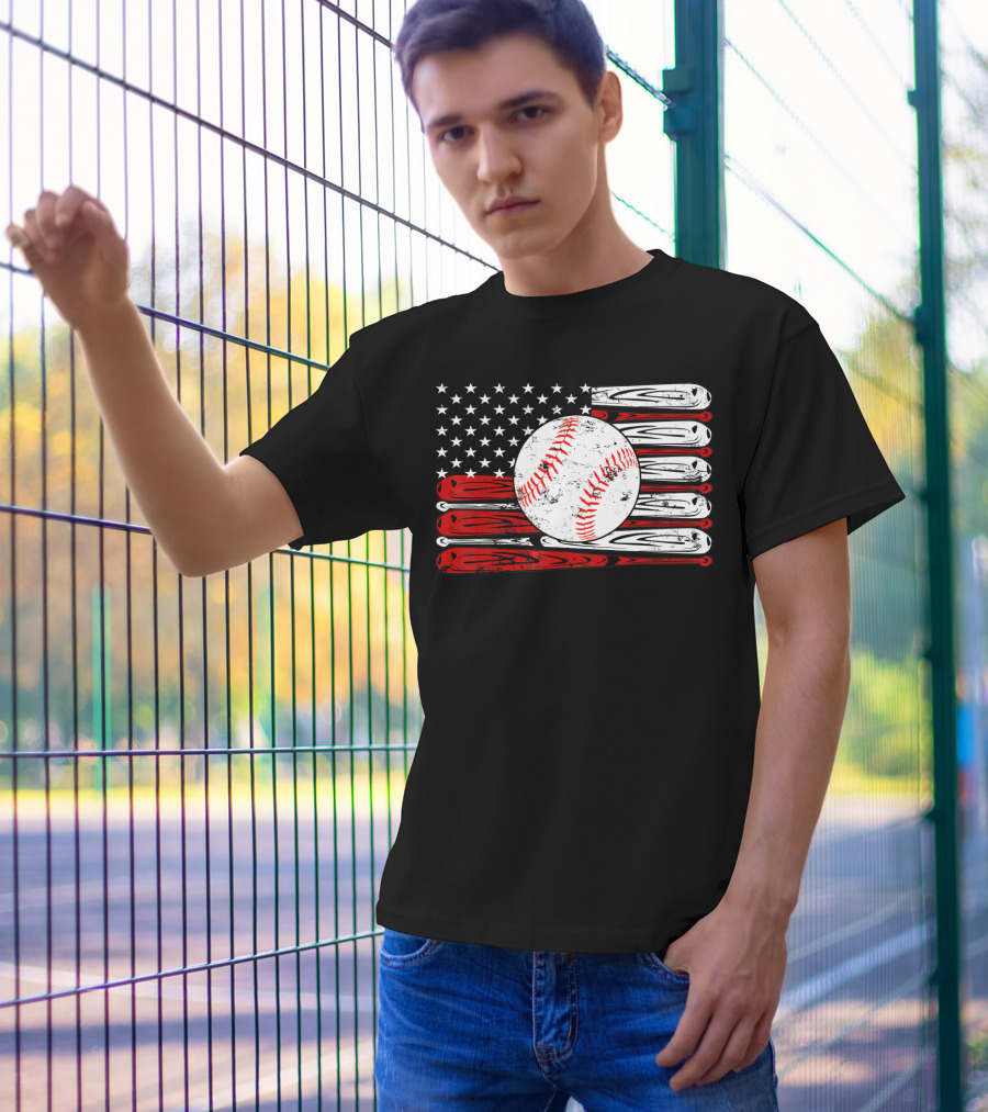 American Flag Vintage Baseball Bat Sports T-Shirt