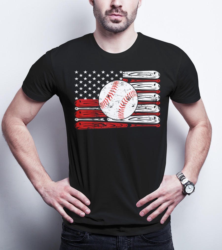 American Flag Vintage Baseball Bat Sports T-Shirt