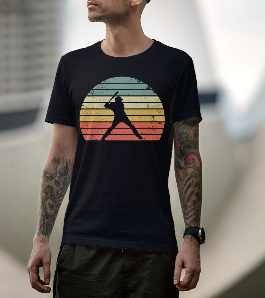 Vintage Baseball Batter Silhouette Retro Sunset Stripes T-Shirt