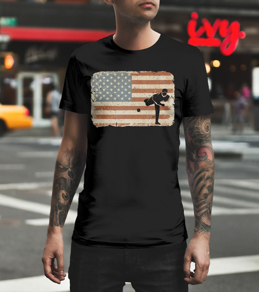 Vintage Baseball Pitcher Silhouette With American Flag Background T-Shirt