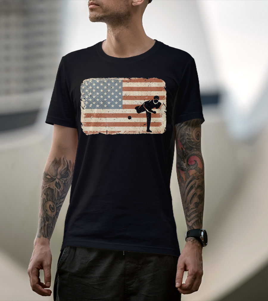 Vintage Baseball Pitcher Silhouette With American Flag Background T-Shirt