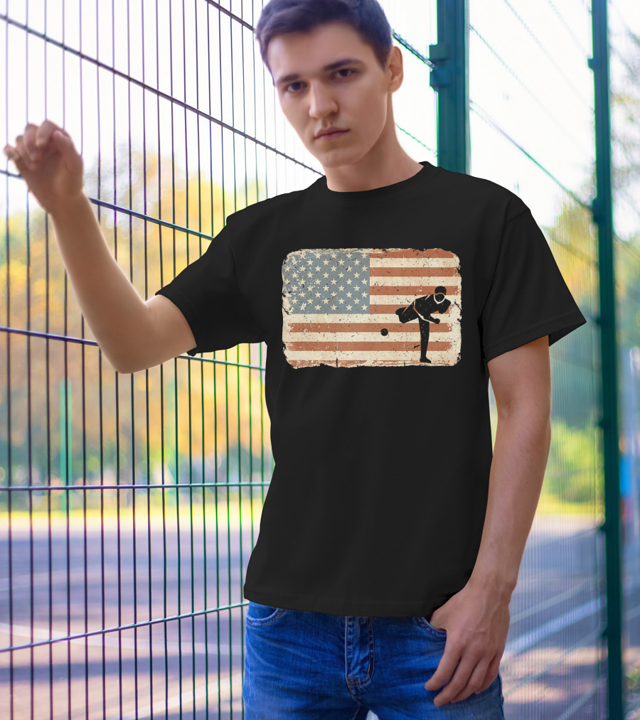 Vintage Baseball Pitcher Silhouette With American Flag Background T-Shirt